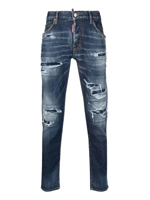Dsquared2 Logo Tag Distressed Tapered Leg Jeans - Blue