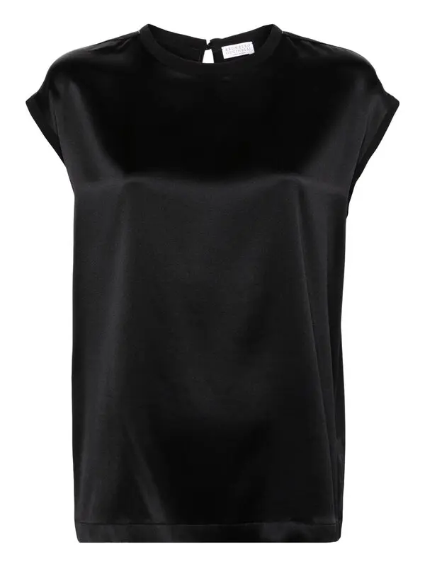 Brunello Cucinelli Cap-sleeve Crewneck Satin Blouse With Beaded Trim - Black