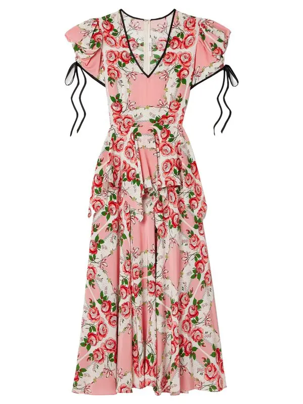 RODARTE Ruffled Printed Silk Crepe De Chine Midi Dress - Nude