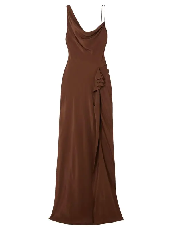 Dries Van Noten Asymmetrical Draped Satin Maxi Dress - Brown