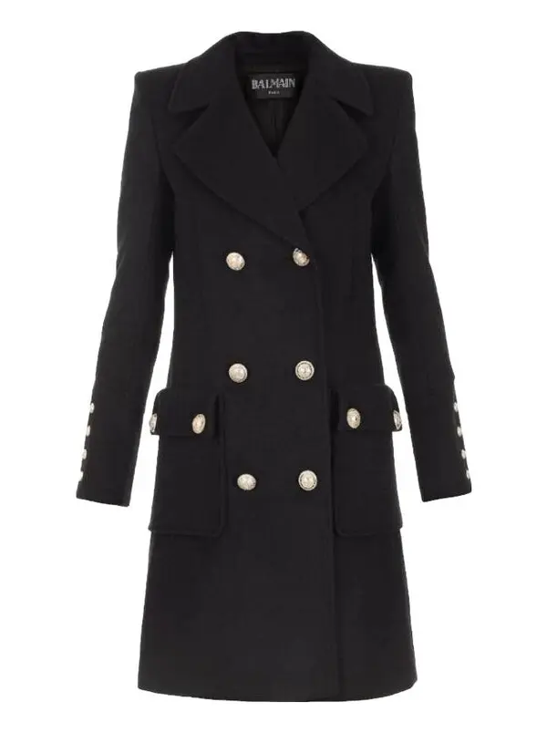 Balmain Double-breasted Coat With Embossed Gold Buttons - Black
