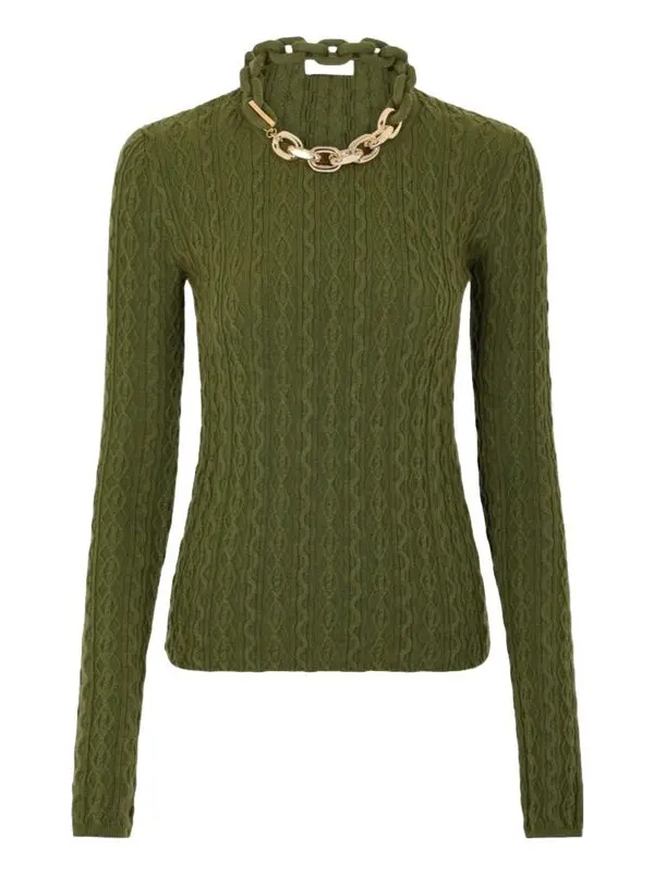 Rabanne Cable Knit Top With Chain Detail - Olive Green