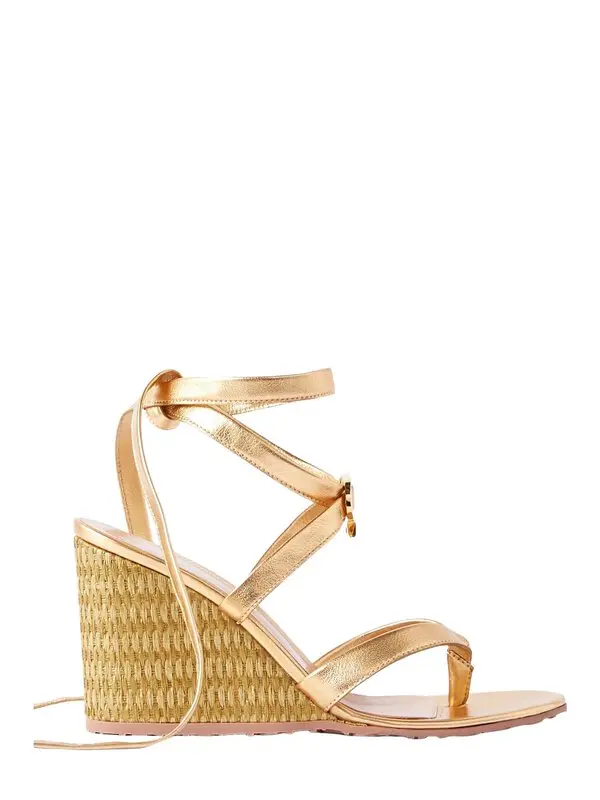GIANVITO ROSSI Leather Wedge Sandals With Woven Raffia Heel - Nude