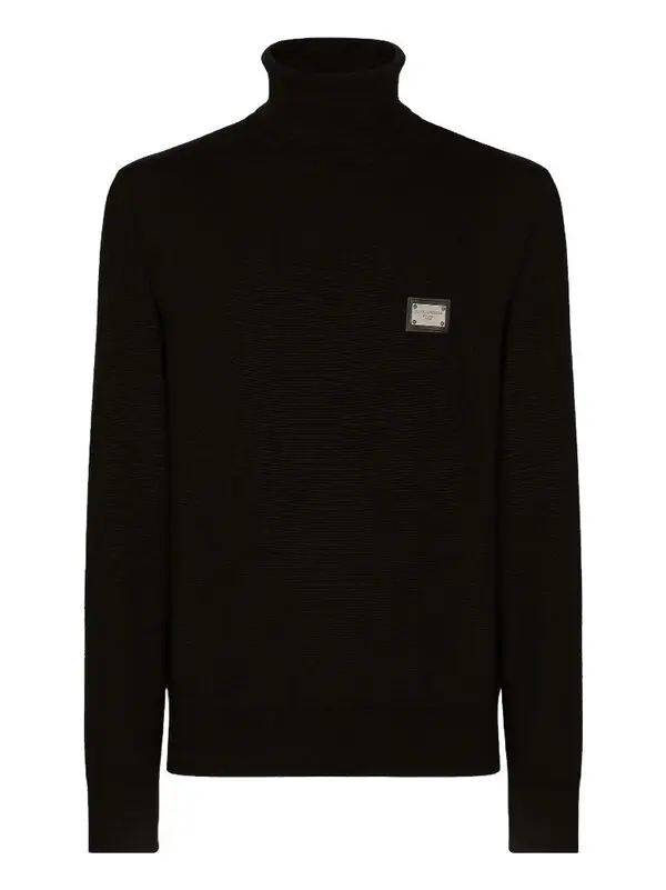 Dolce & Gabbana Turtleneck Sweater With Metal Logo Plaque - Black