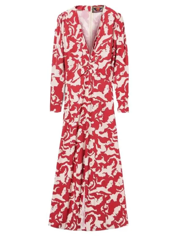 La DoubleJ Printed Maxi Dress With V-neck And Twisted Waist Detail - Pink