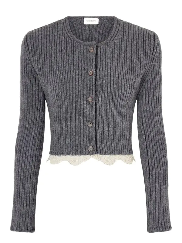 Magda Butrym Cropped Lace-trimmed Ribbed Wool Cardigan - Grey