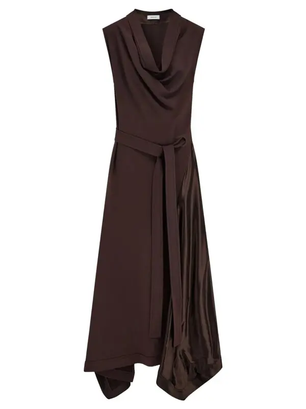 FERRAGAMO Asymmetrical Cowl Neck Dress With Leather-trimmed Gancio Eyelets - Dark Brown