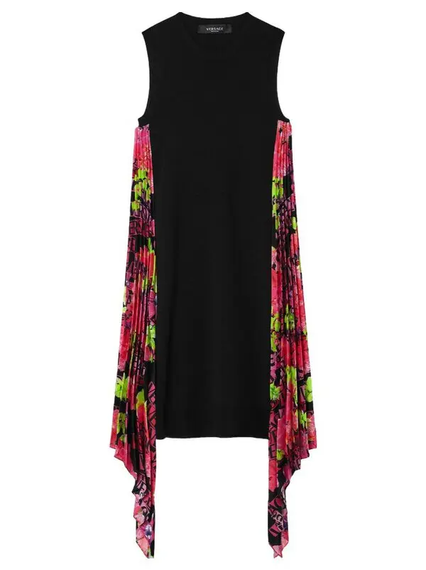 Versace Sleeveless Round Neck Orchid Print Dress - Black