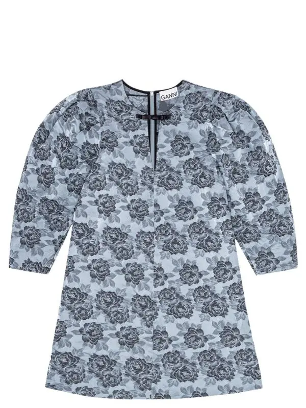GANNI Floral Print Dress With Bow And Bubble Sleeves - Illusion Blue