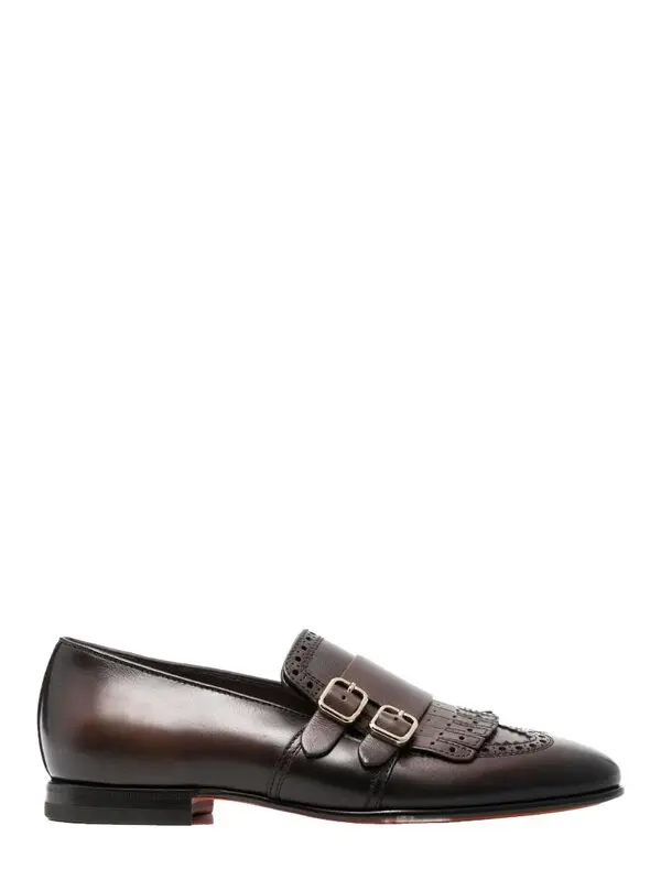 Santoni Double-buckle Almond Toe Loafers With Fringe Detailing - Black