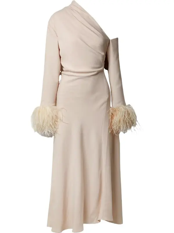 16Arlington Adelaide One-shoulder Feather-trimmed Crepe Maxi Dress - Nude
