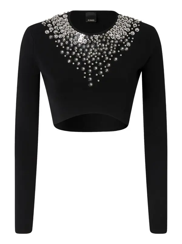 Pinko Crystal-embellished Long Sleeve Cropped Sweater - Black