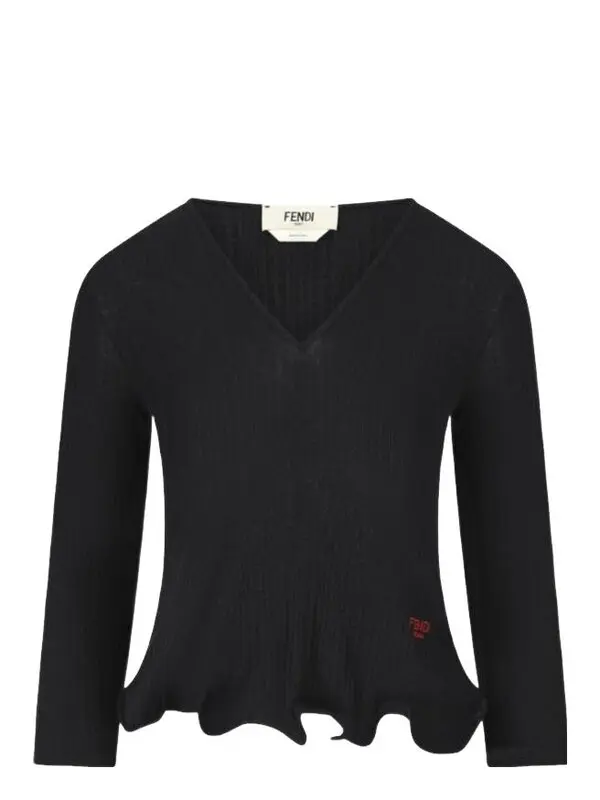 Fendi Ribbed V-neck Top With Ruffled Hem - Black