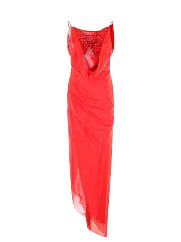 Blumarine Butterfly Crepe Asymmetrical Maxi Dress - Orange