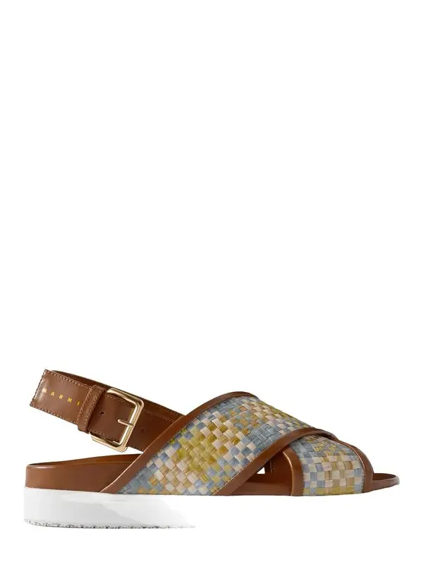 Marni Fussbett Sandals In Brown Leather And Raffia-effect Fabric - Multicolor