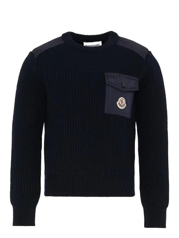 Moncler Ribbed Crewneck Jumper With Logo Patch Pocket - Blue