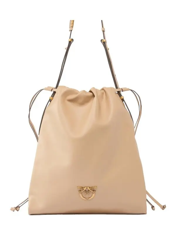 Pinko Drawstring Logo Plaque Shoulder Bag - Nude