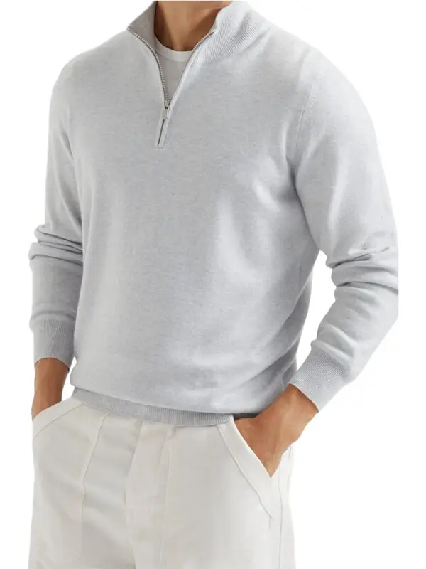 Brunello Cucinelli Cashmere Quarter Zip Sweater - Light Gray