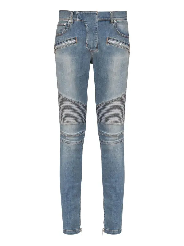 Balmain Slim-fit Biker Jeans With Ribbed Details - Blue