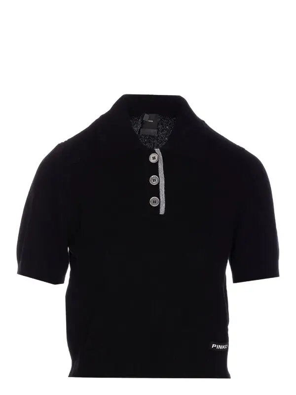 Pinko Short-sleeved Knitted Polo Shirt With Ribbed Cuffs And Hem - Black