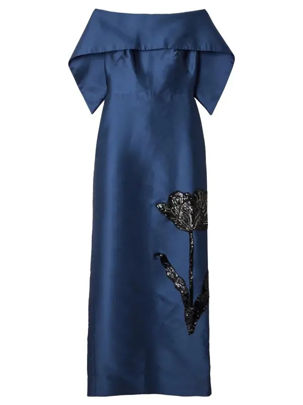 Erdem Off-the-shoulder Embellished Satin Gown - Navy Blue