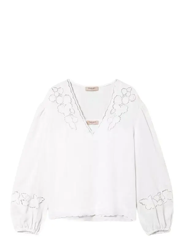 TWINSET Floral Embroidered Linen Blouse - White