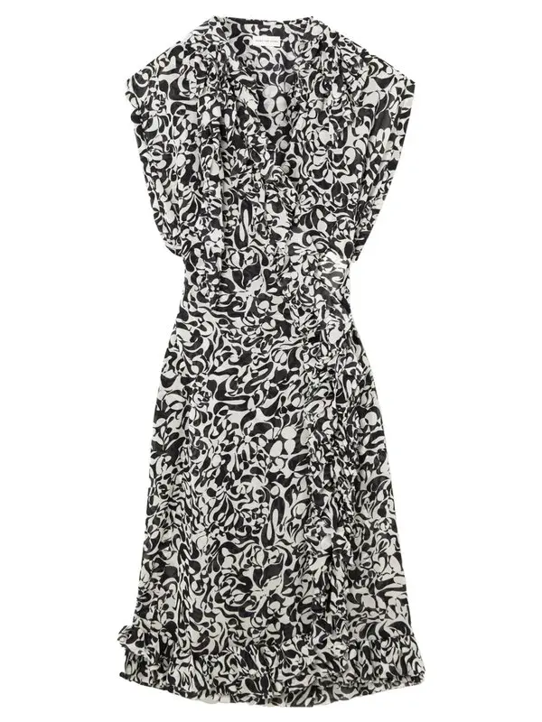 Dries Van Noten Ruffle Print Midi Wrap Dress - Black
