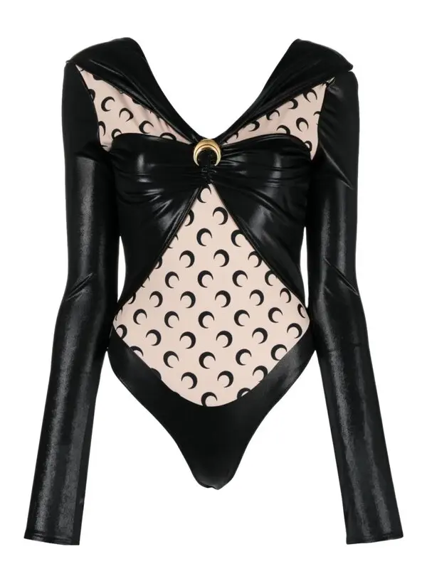 MARINE SERRE Crescent Moon Print Panelled Draped Bodysuit - Black
