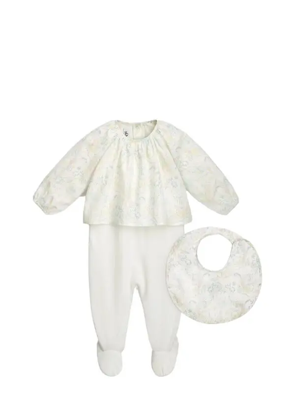 Dior Long-sleeved Jumpsuit, Knitted Hat, And Bib Set - Ivory