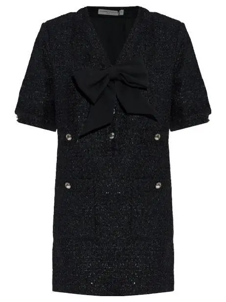 Alessandra Rich V-neck Short Sleeve Bow Detail Mini Tweed Dress - Black