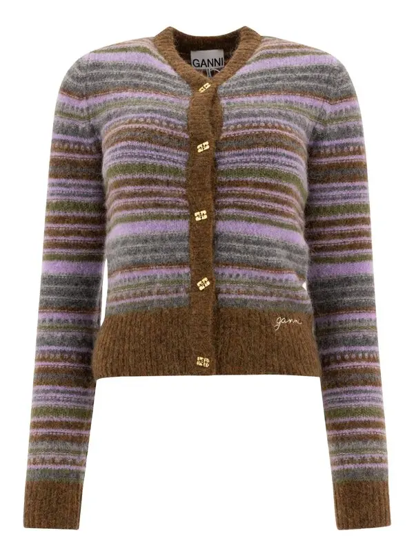GANNI Striped Knit Cardigan - Brown