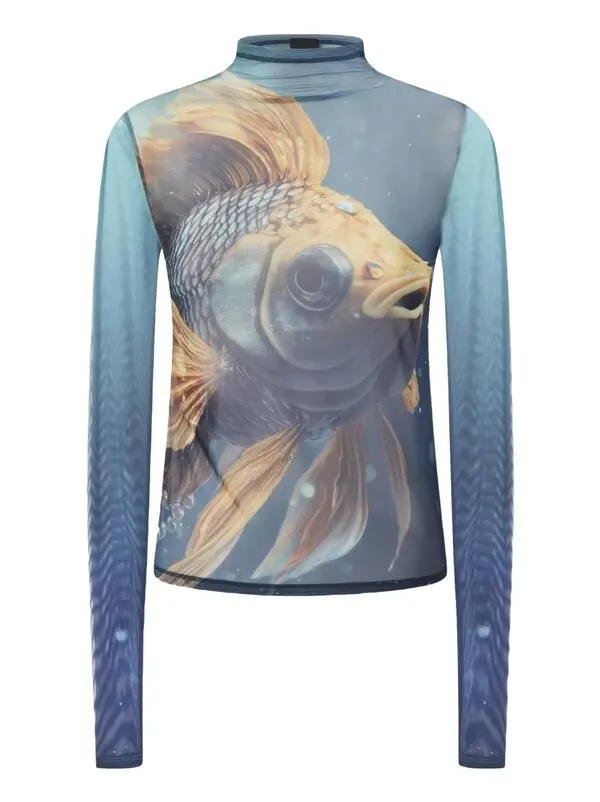 Pinko Fish-print Mesh Top - Blue