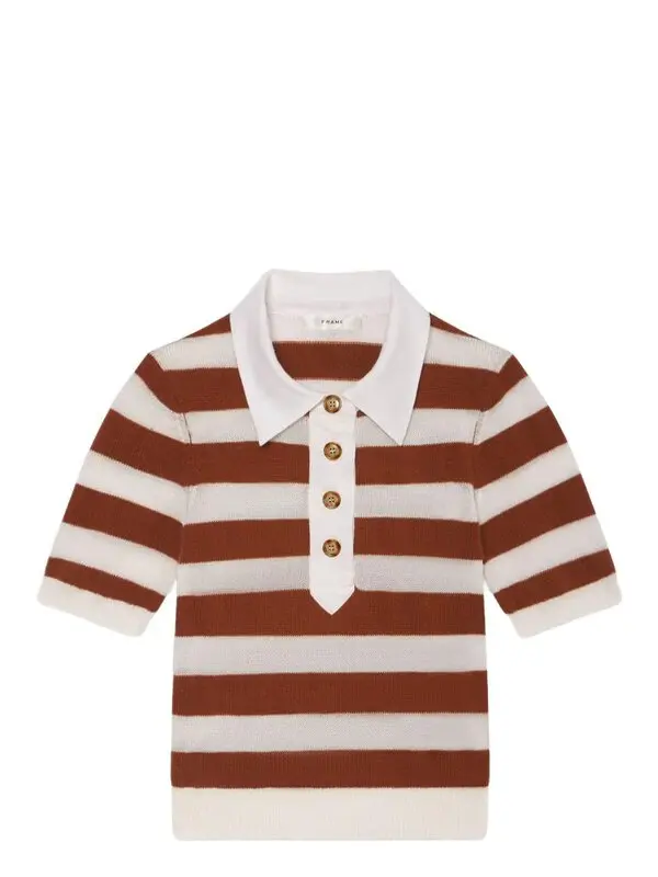 FRAME Striped Knit Polo Shirt With Button Fastenings - White