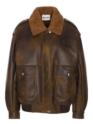 Miu Miu Distressed Leather Logo Bomber Jacket - Brown