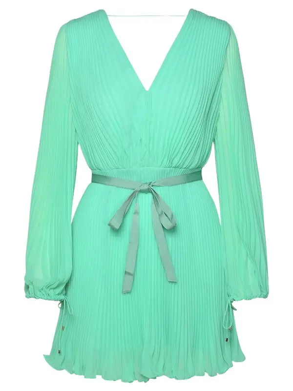 Max Mara V-neck Pleated Mini Dress - Green