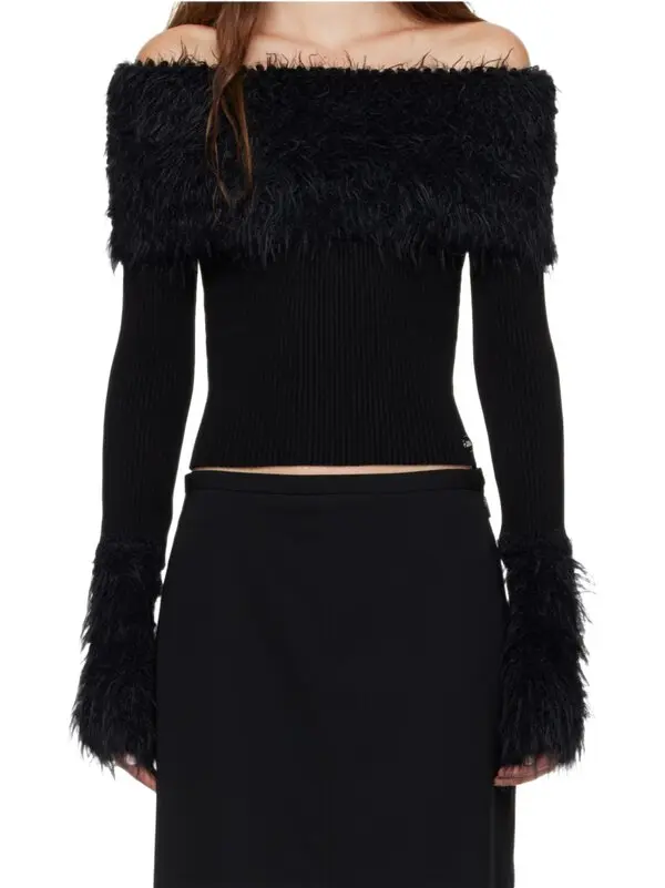 JEAN PAUL GAULTIER Off-the-shoulder Shearling Trim Sweater - Black