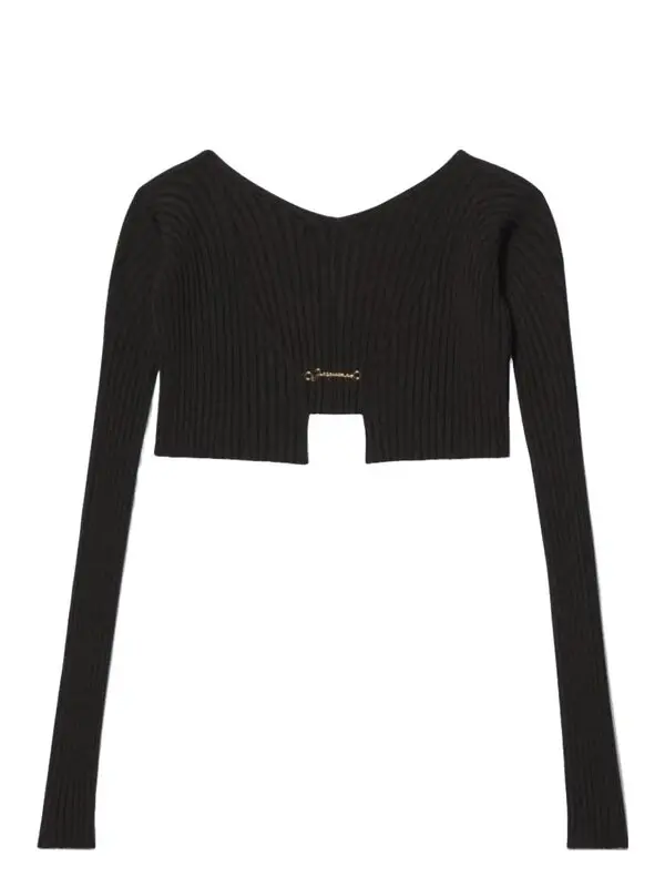 Jacquemus Ribbed Knit Cropped Cardigan With Logo Charm - Black