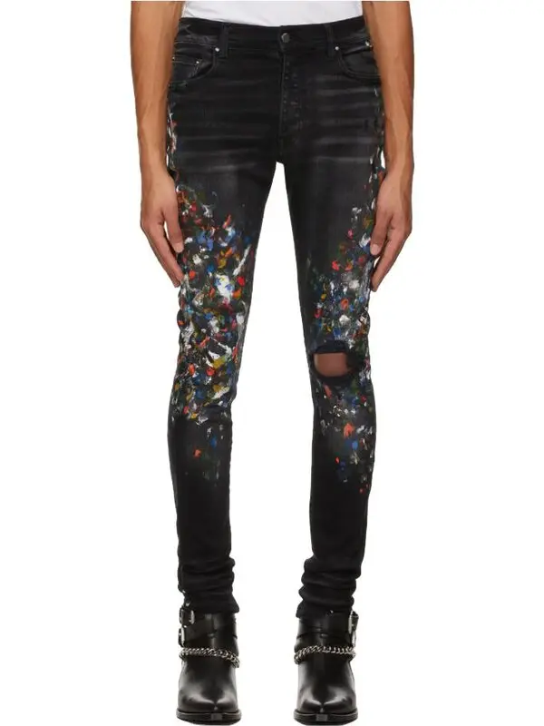 Amiri Paint Print Distressed Skinny Jeans - Black