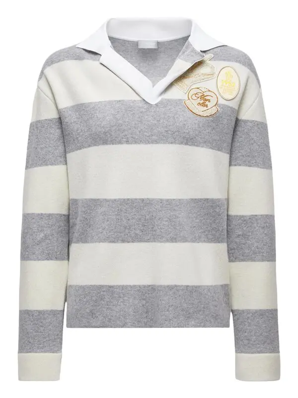 Moncler Striped Long Sleeve Wool Polo Shirt - White And Gray