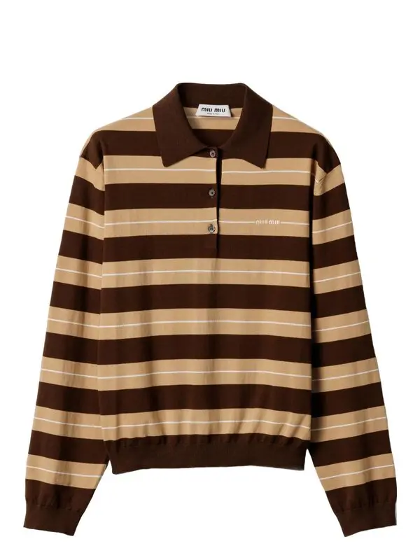Miu Miu Long-sleeved Knitted Striped Polo Shirt - Brown