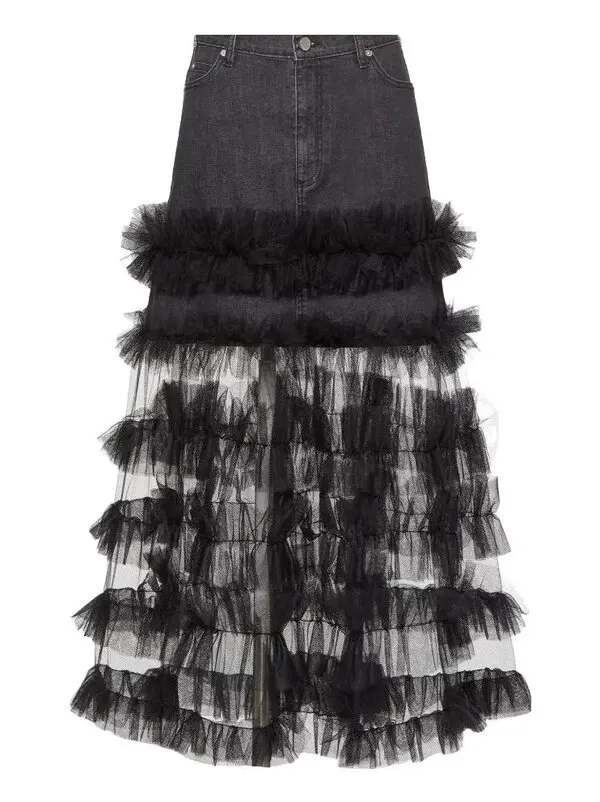 Red Valentino Tulle Ruffled Denim Maxi Skirt - Black