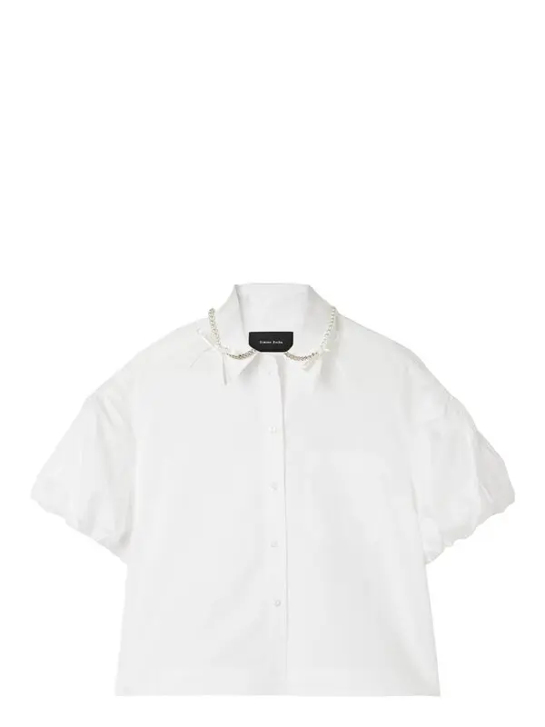 Simone Rocha Cropped Embellished Cotton Poplin Shirt With Puff Sleeves - White