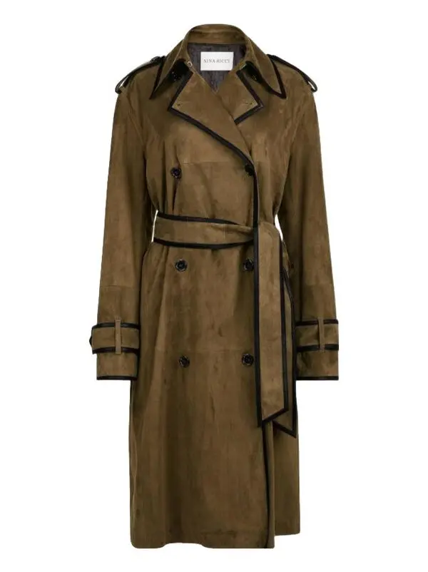 Nina Ricci Belted Suede Trench Coat With Leather Trim - Khaki