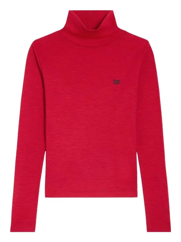 Celine Wool Jersey Turtleneck Top With Embroidery - Cherry Red/navy Blue