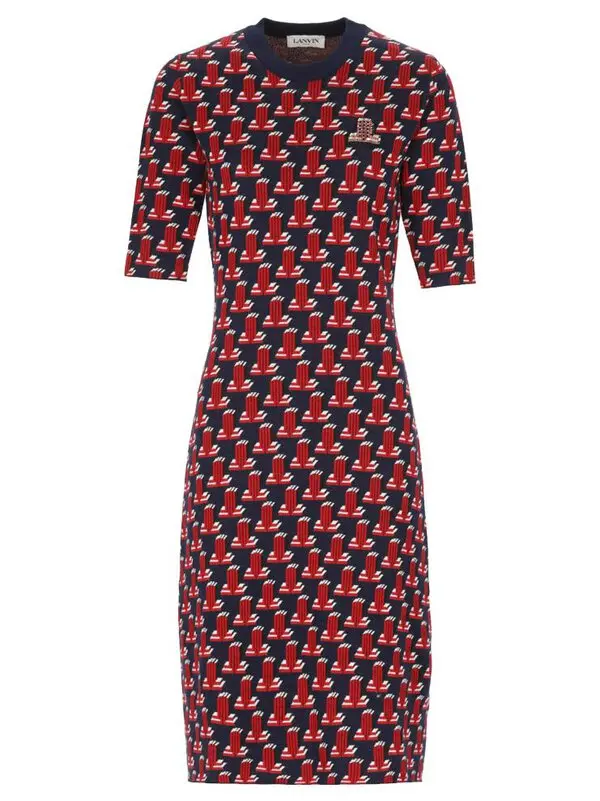 LANVIN Knitted Printed Logo Applique Dress - Black