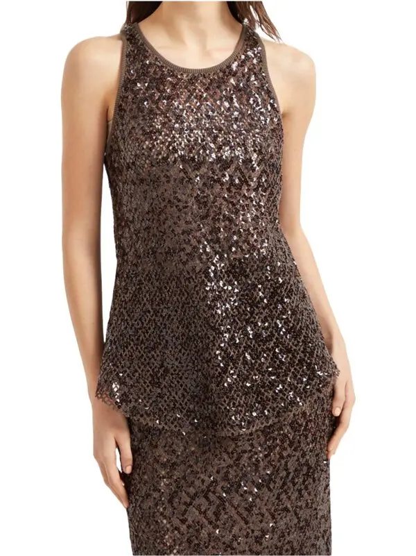 Brunello Cucinelli Sleeveless Sequined Mesh Top - Chocolate-colored
