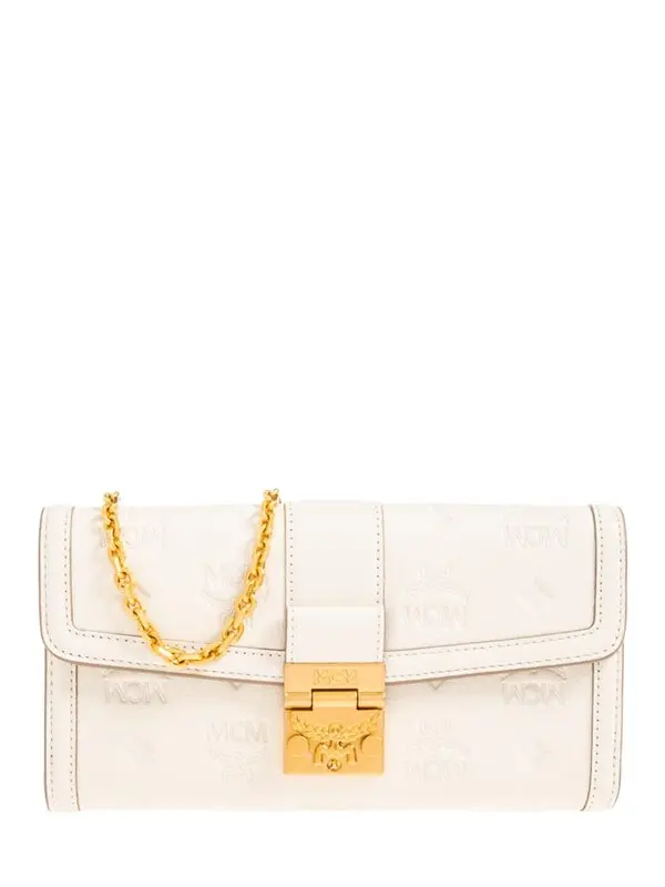 Mcm Embossed Logo Wallet With Chain Strap - White