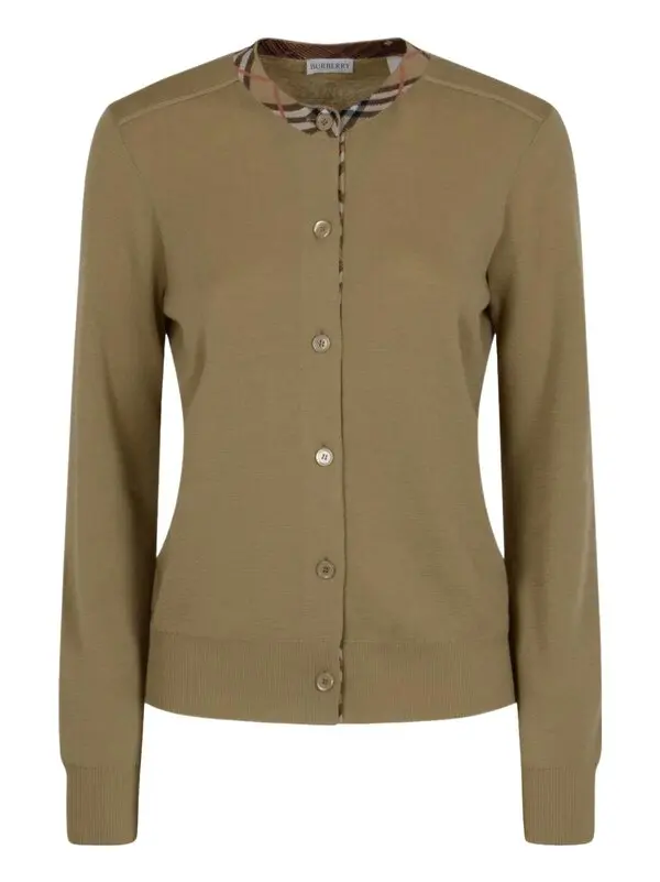 Burberry Checked-neck Buttoned Cardigan - Khaki