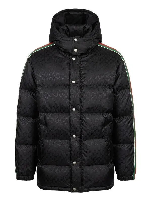 Gucci Jumbo Gg Hooded Jacket With Striped Sleeves - Black