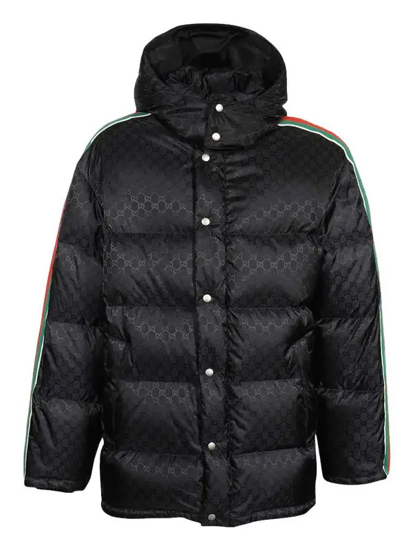 Gucci Jumbo Gg Hooded Jacket With Striped Sleeves - Black